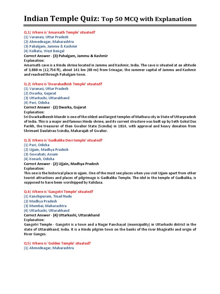 Indian Temple Quiz:: Top 50 MCQ With Explanation | PDF | Theistic ...