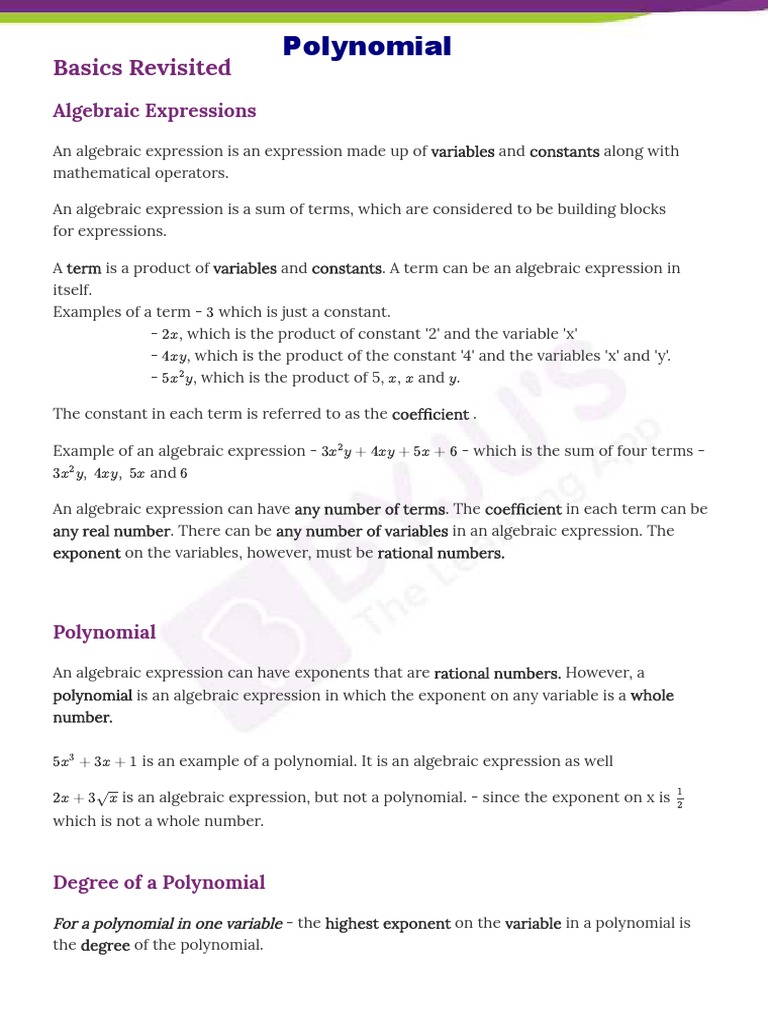 Polynomial For Class 10 | Download Free PDF | Polynomial | Variable (Mathematics)