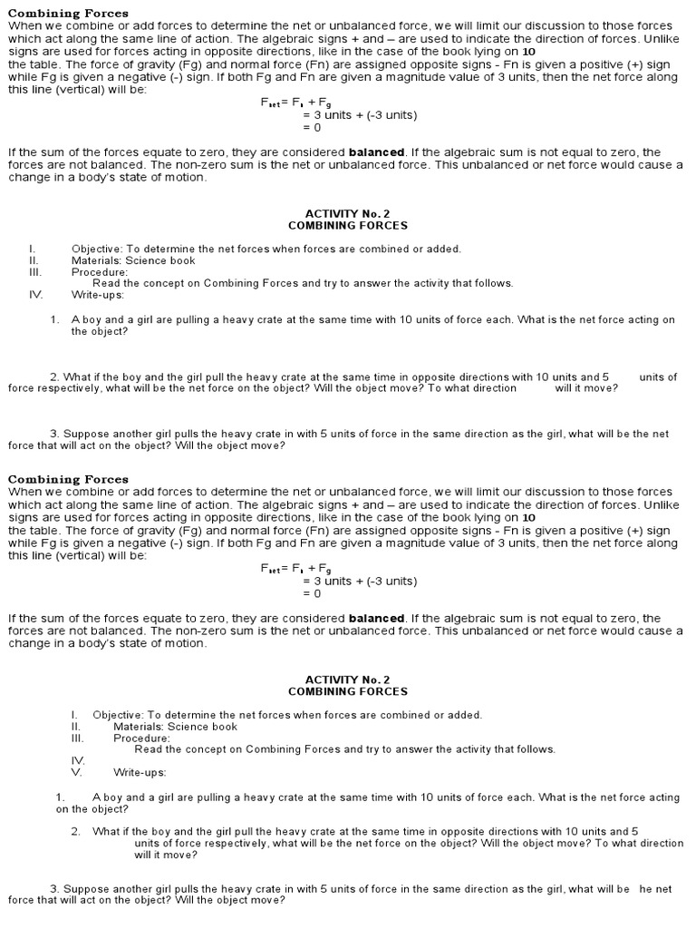 Activity No. 2 Combining Forces: Net N G | PDF | Force | Spacetime