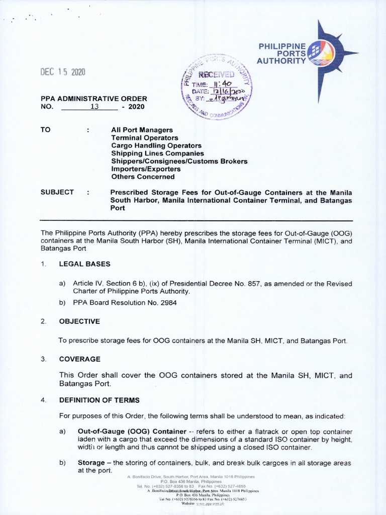 Philippine Ports Authority Administrative Order No. 13-2020 | PDF