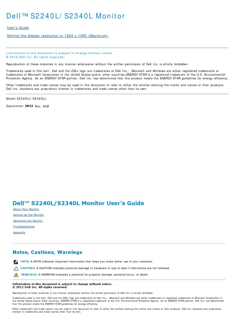 Dell™ S2740L Monitor User's Guide | PDF | Computer Monitor | Hdmi