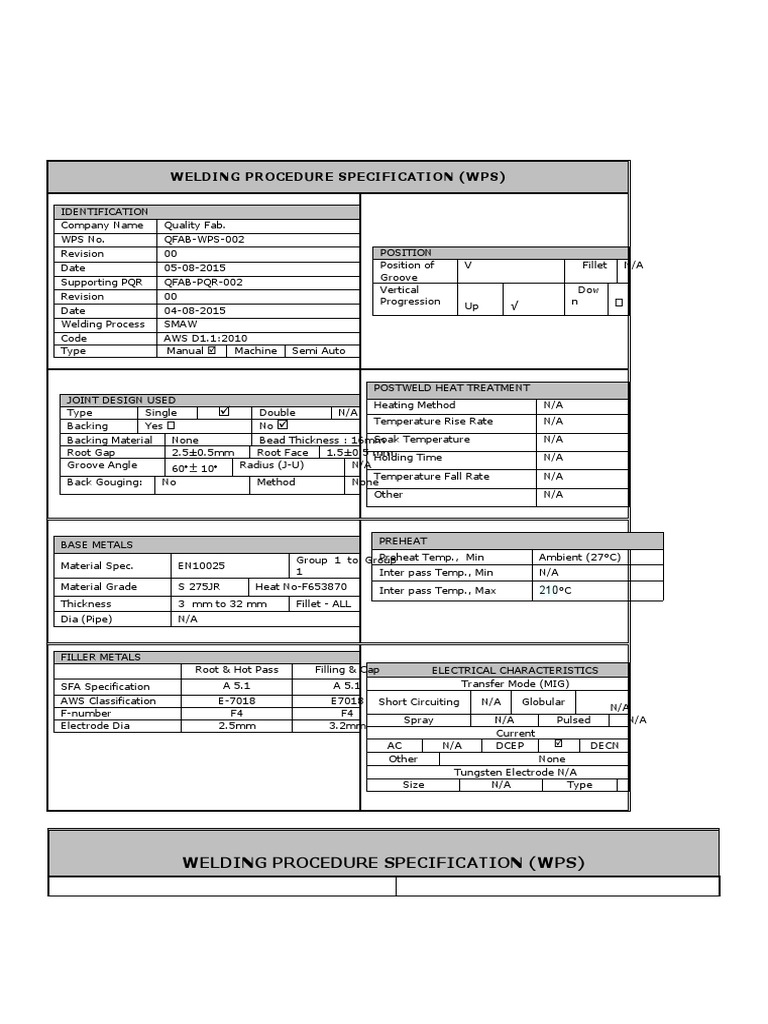 Welding Procedure Specification (WPS) | PDF | Welding | Construction