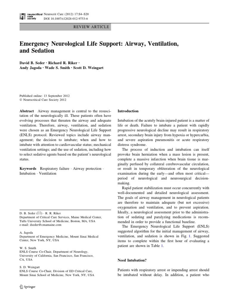 Emergency Neurological Life Support: Airway, Ventilation, and Sedation ...