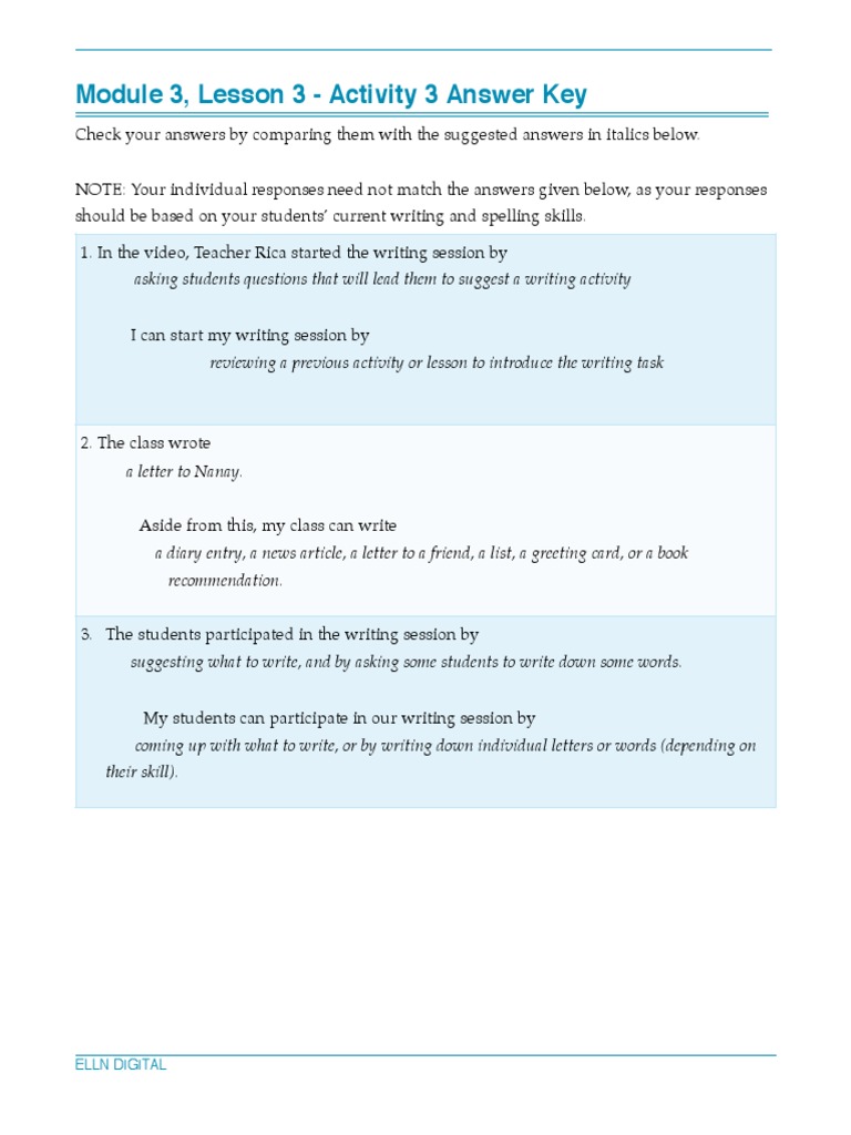 Module 3, Lesson 3 - Activity 3 Answer Key | PDF