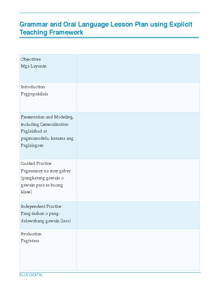 Grammar and Oral Language Lesson Plan Using Explicit Teaching Framework ...