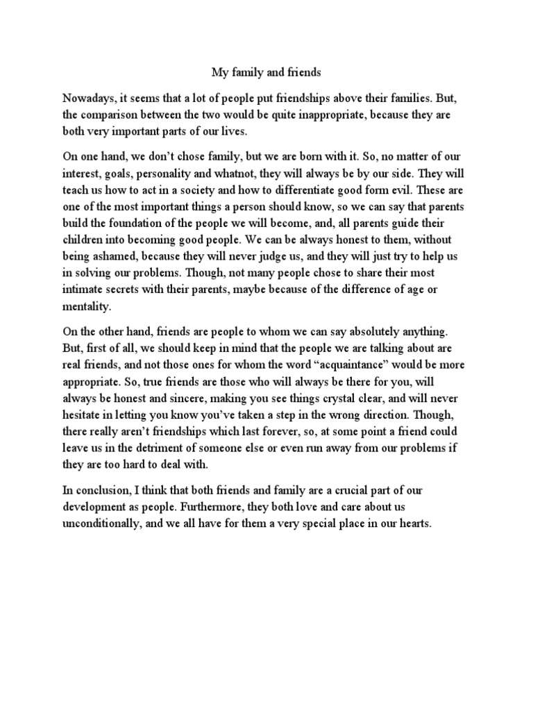 Friendship Vs Family Opinion Essay | PDF