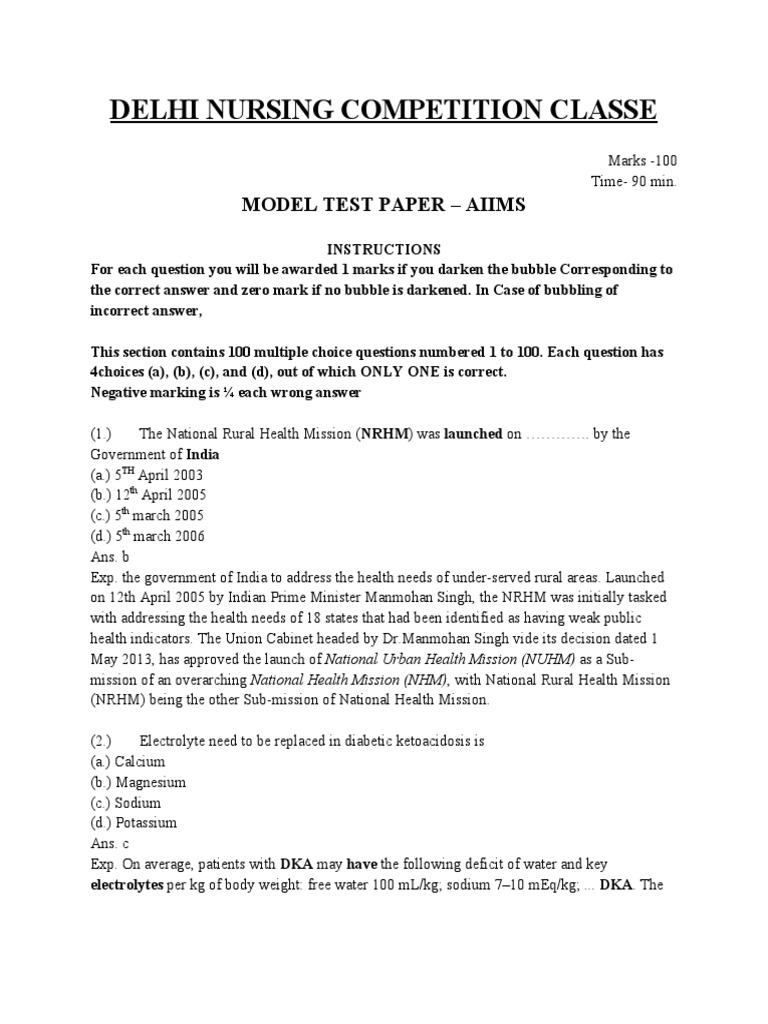 Delhi Nursing AIIMS Model Test Paper | PDF | Medical Specialties ...