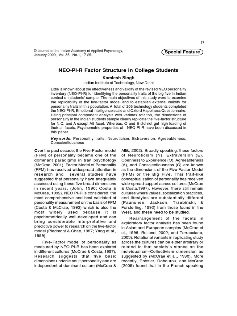 NEO-PI-R Factor Structure in College Students: Special Feature | PDF ...
