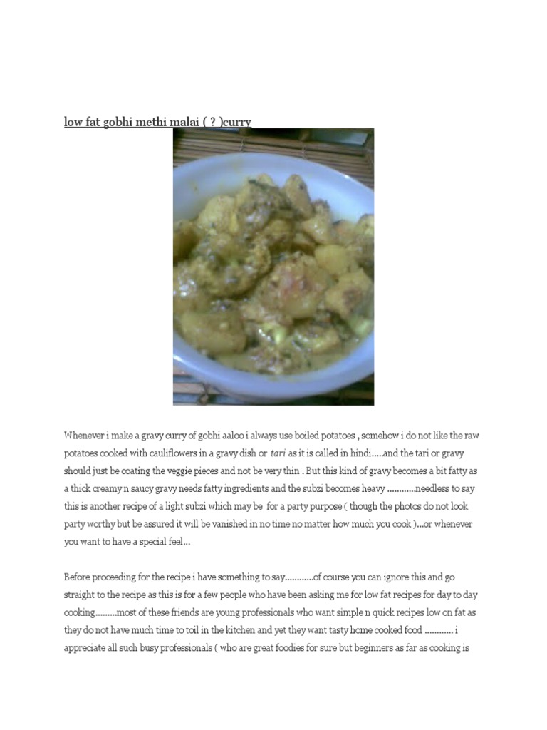 Low Fat Gobhi Methi Malai | PDF | Curry | Ginger