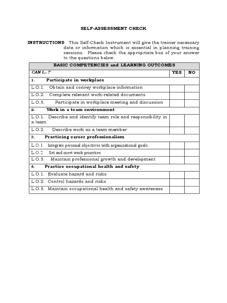 02a Self-Assessment Check | PDF | Occupational Safety And Health | Hygiene