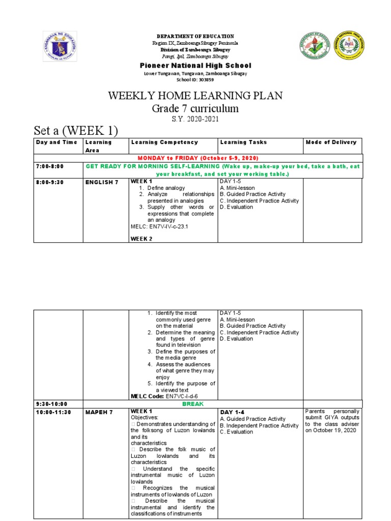 Set A (WEEK 1) : Weekly Home Learning Plan Grade 7 Curriculum ...