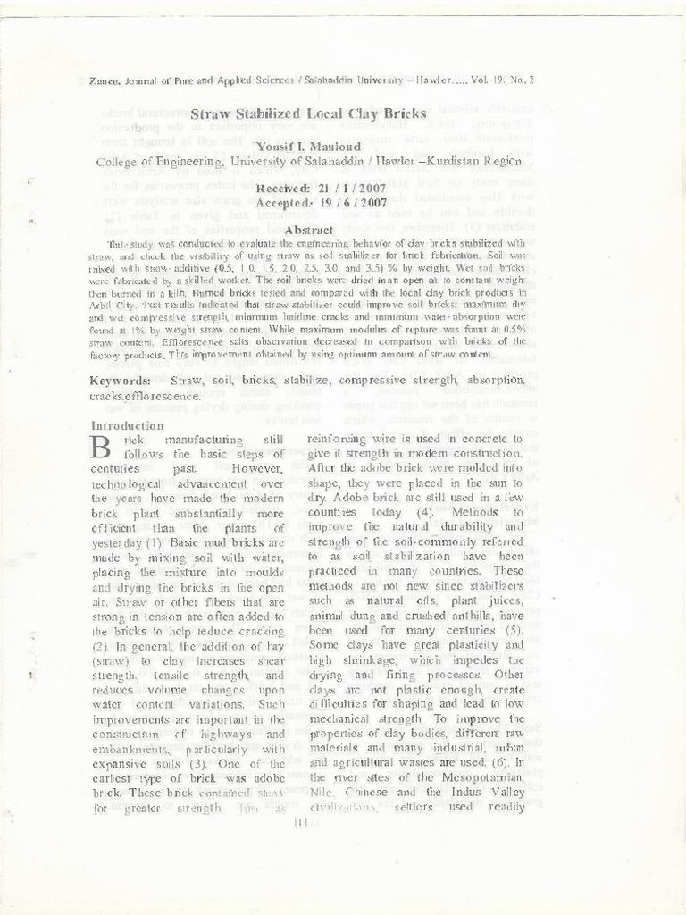 2 Straw Stabilized Local Clay Bricks | PDF | Brick | Soil