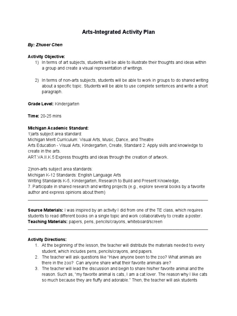 Arts Integrated Activity Plan Phase 3 1 Pdf Teachers Question