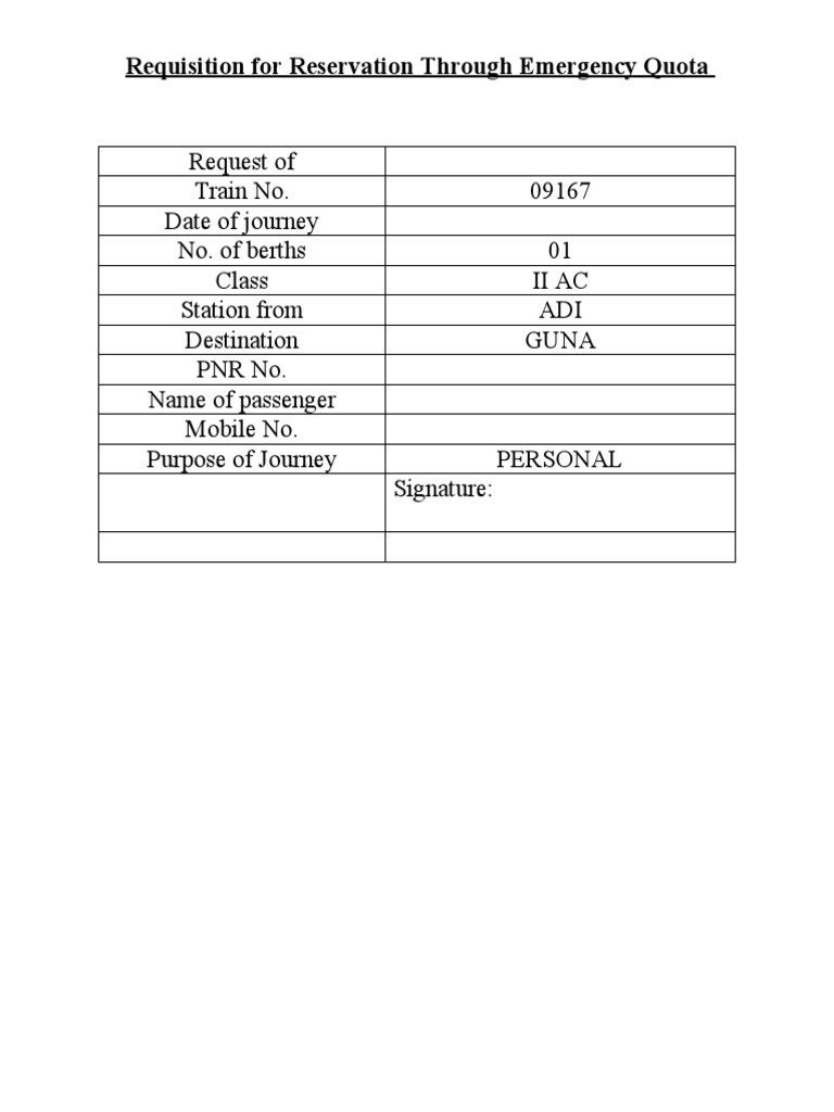 Requisition For Reservation Through Emergency Quota | PDF