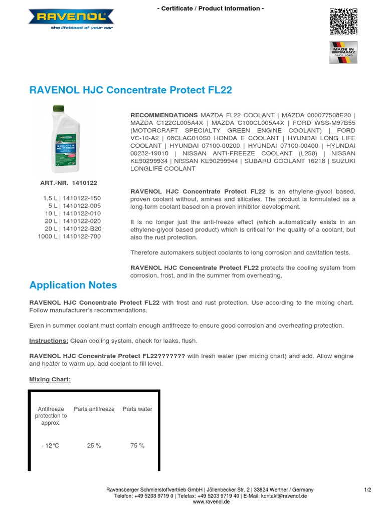 RAVENOL HJC Concentrate Protect FL22 - Product Information | PDF ...