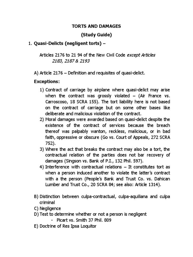 Quasi-Delicts and Damages Guide | PDF | Tort | Damages