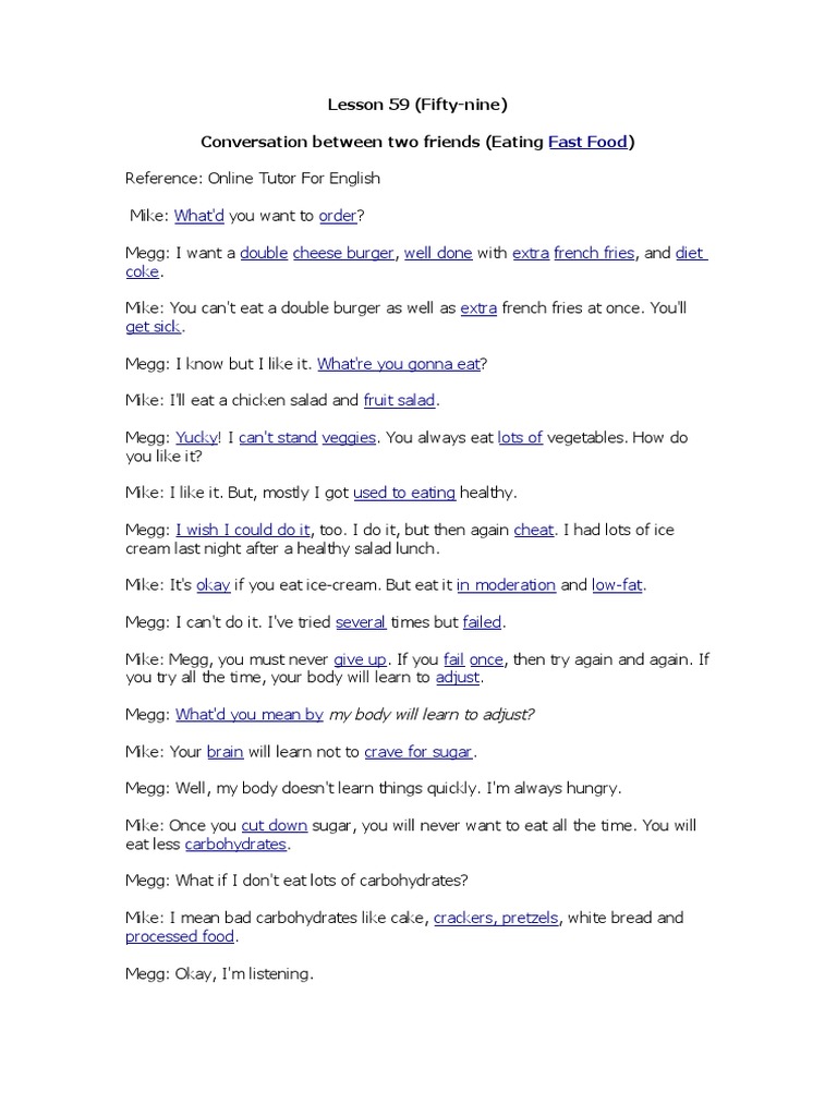 Lesson 59 Conversation Between Two Friends Eating Fast Food | PDF ...