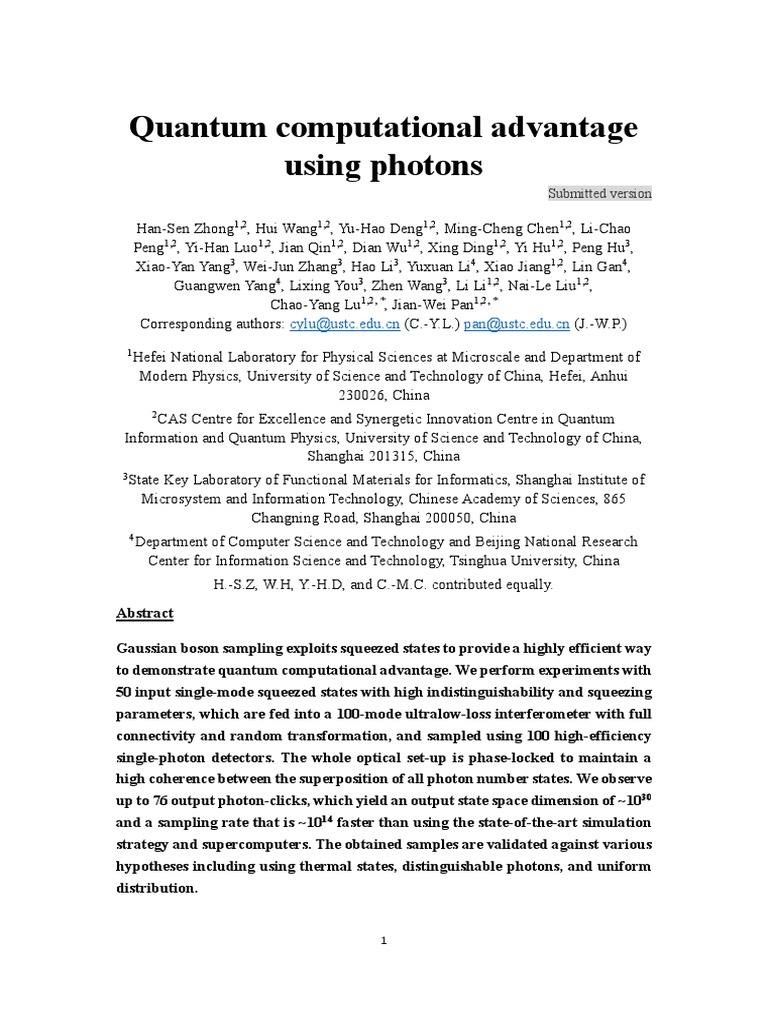 Quantum Computational Advantage Using Photons: Cylu@ustc - Edu.cn Pan@ustc - Edu.cn | Download ...