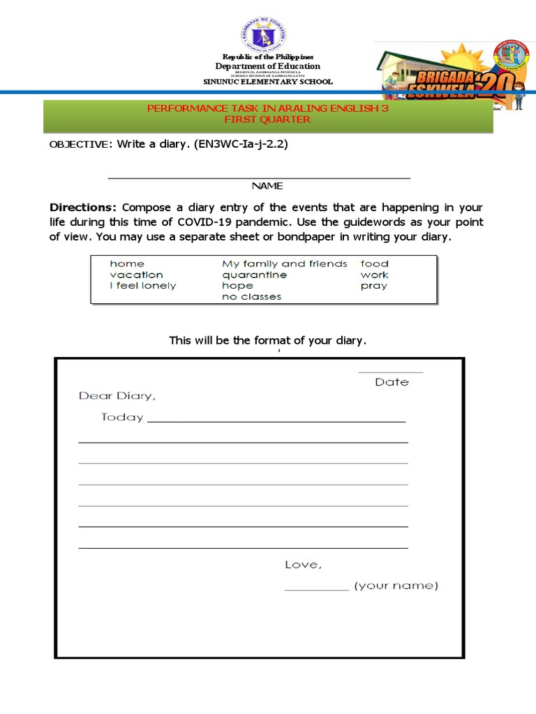 Write A Diary. (EN3WC-Ia-j-2.2) : Directions: Compose A Diary Entry of ...