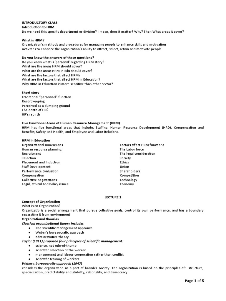 Lecture Notes For Test 1 | PDF | Human Resource Management | Human ...