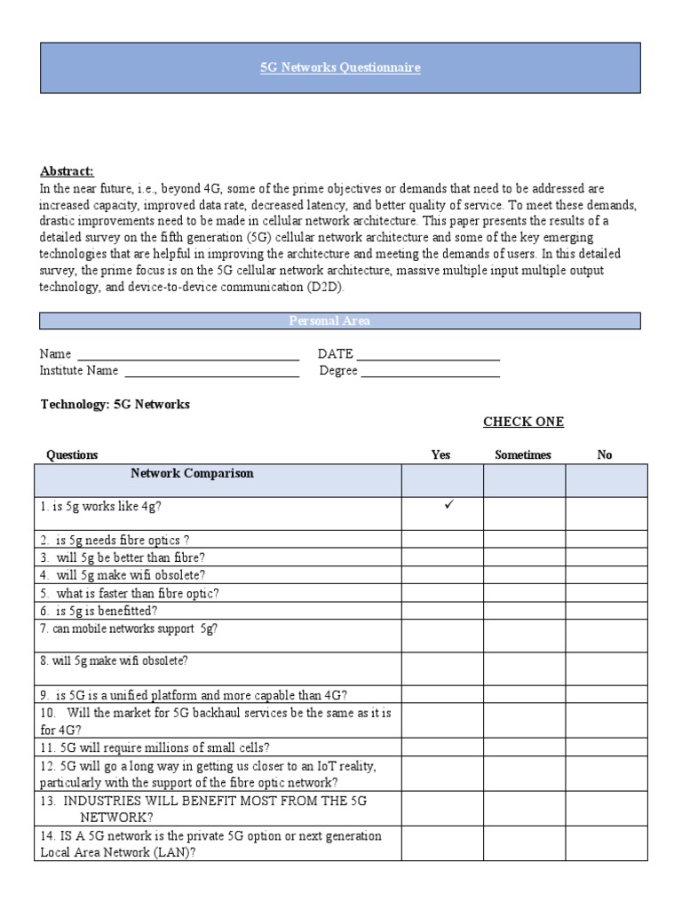 Questionnaire Survey Of 5g Networks Pdf Internet Of Things