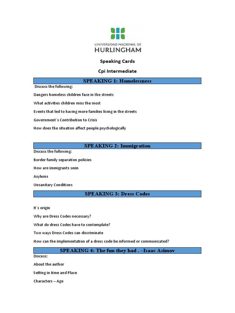 Speaking Cards Intermediate | PDF | Communication | Psychological Concepts