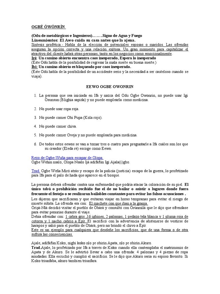 Ogbe Owonrin: Guía de Sacrificios y Precauciones | PDF | Religión y ...
