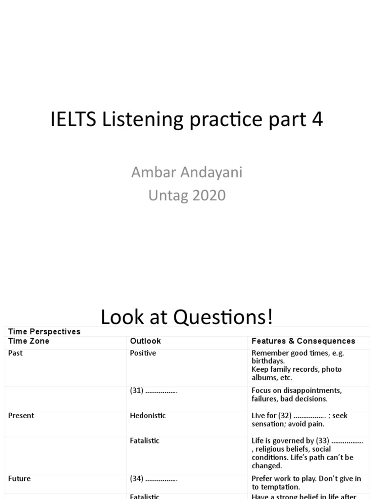 IELTS Listening Practice Part 4: Ambar Andayani Untag 2020 | PDF