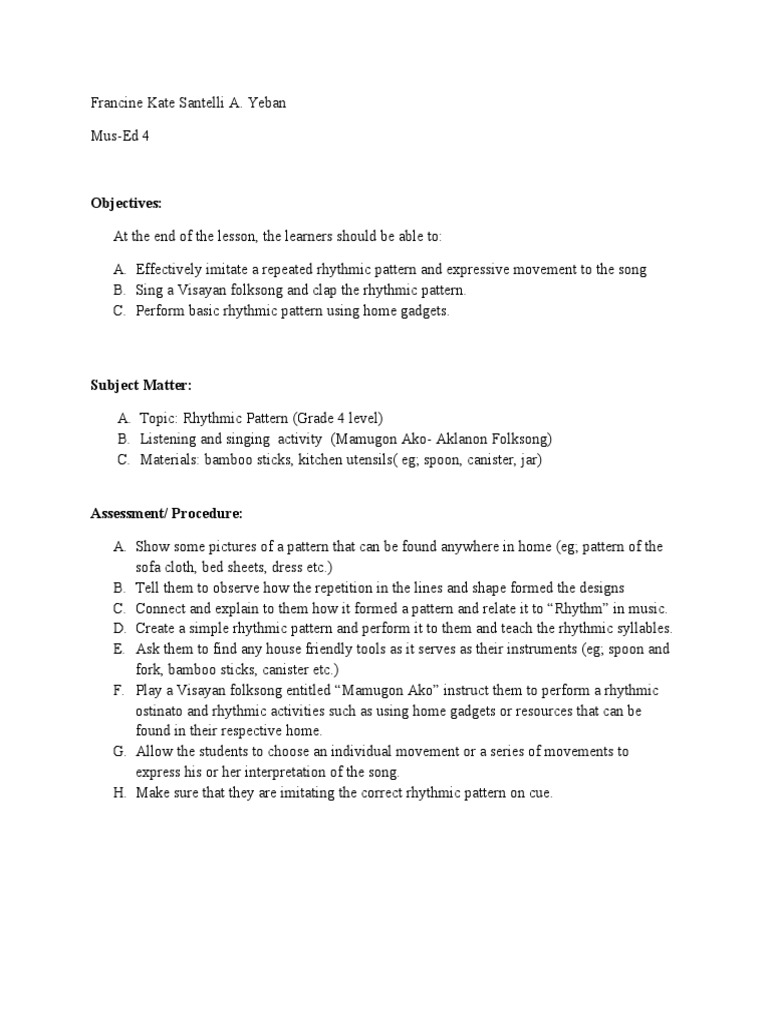 Rhythmic Pattern Lesson Plan | PDF