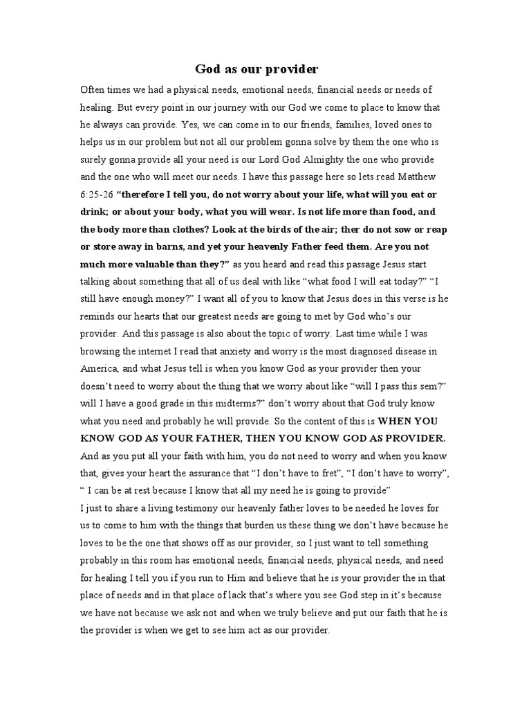 God As Our Provider | PDF | Assurance (Theology) | Religious Belief And ...