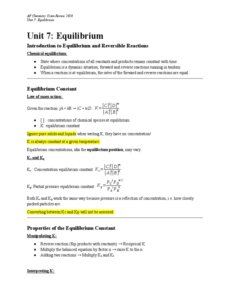 Unit 7: Equilibrium: Introduction To Equilibrium and Reversible ...