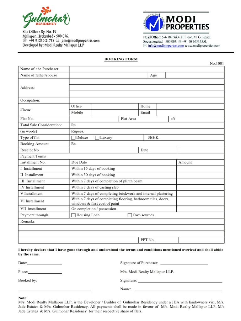 Gulmohar Residency Flat Booking Terms | PDF | Loans | Interest