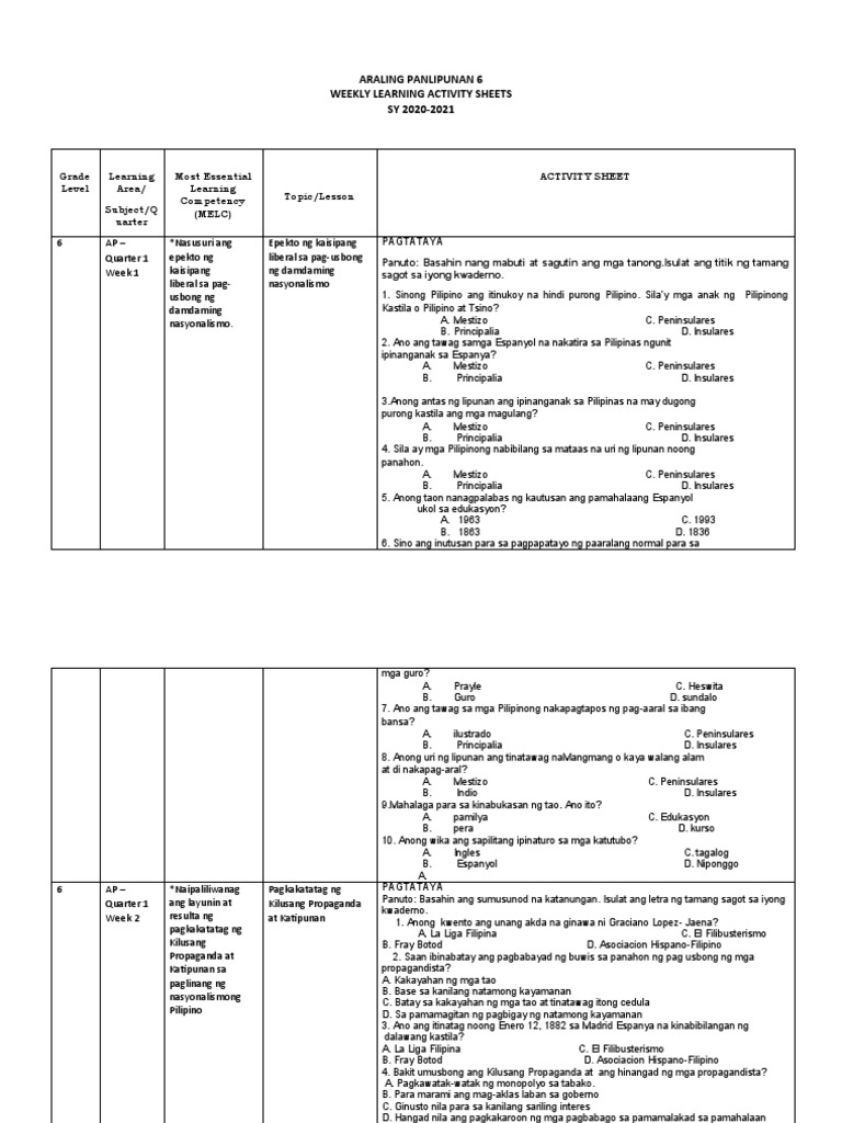 Araling Panlipunan 6 - Activity Sheets Week1-7 | PDF