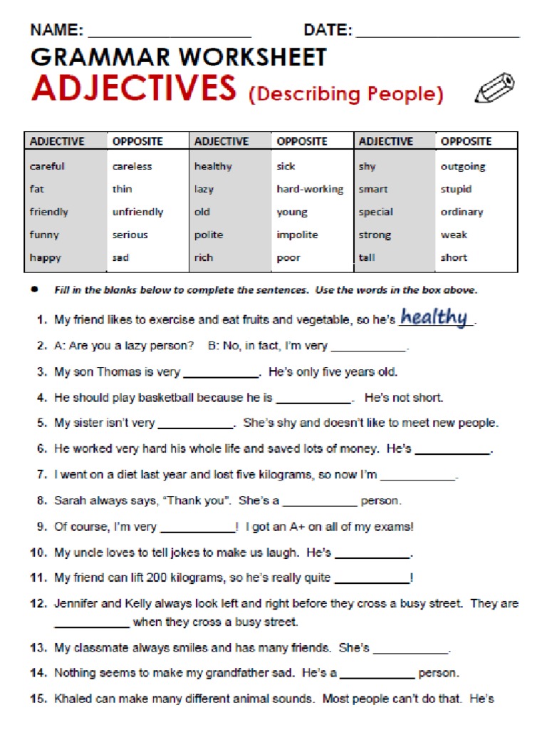 Adjectives Worksheet 1 | PDF