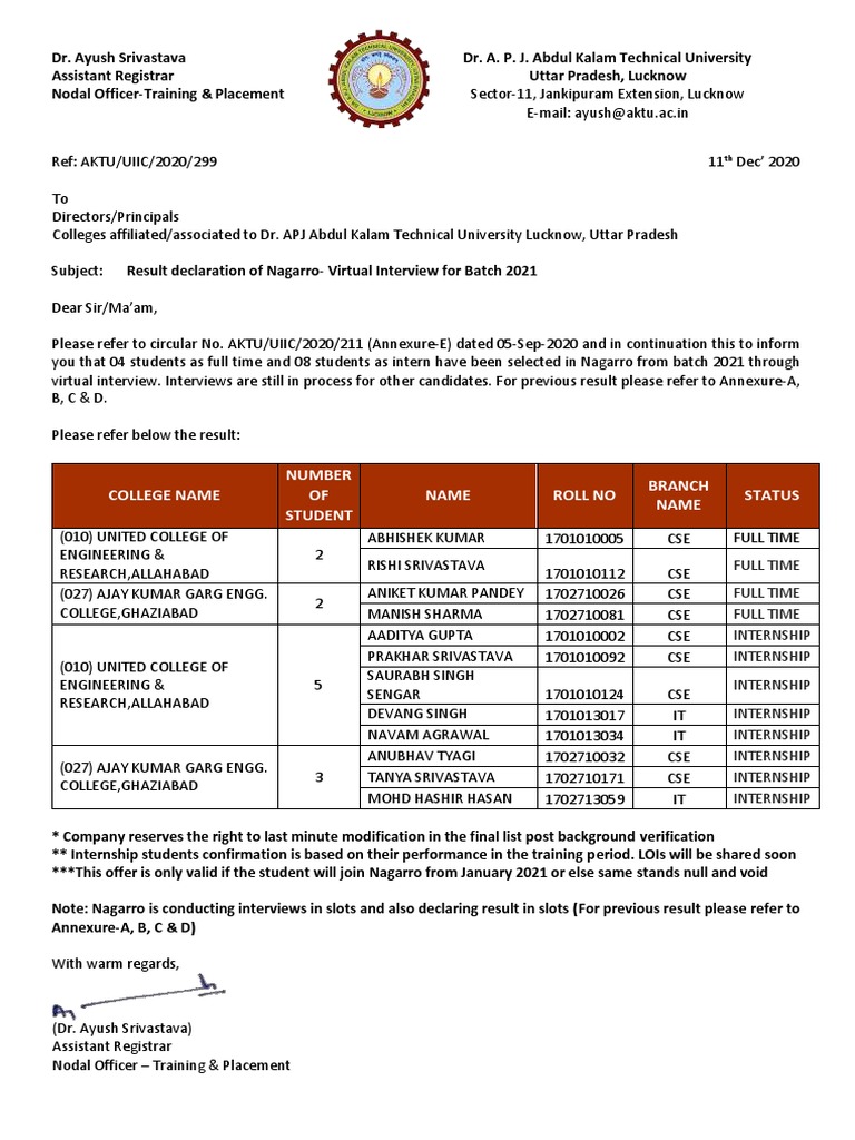 College Name Number OF Student Name Roll No Branch Name Status | PDF ...