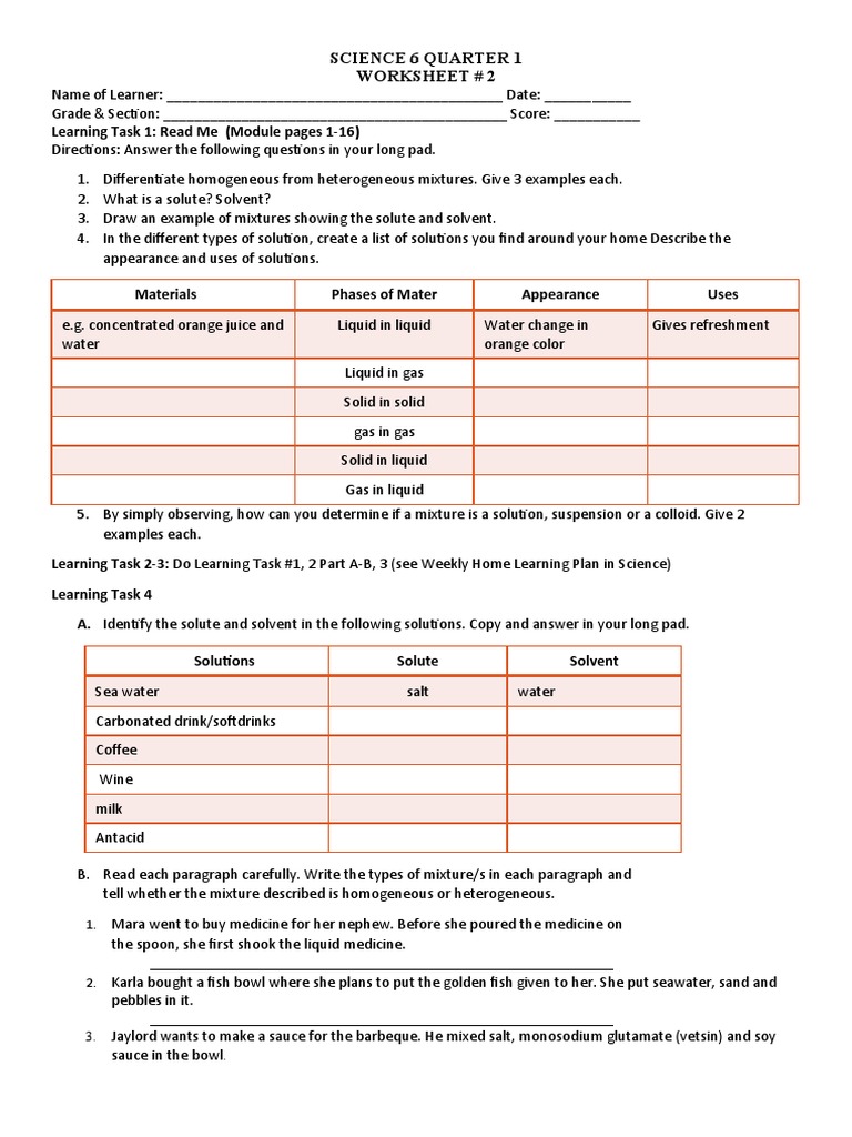Science 6 Quarter 1 Worksheet # 2 | PDF | Homogeneity And Heterogeneity ...