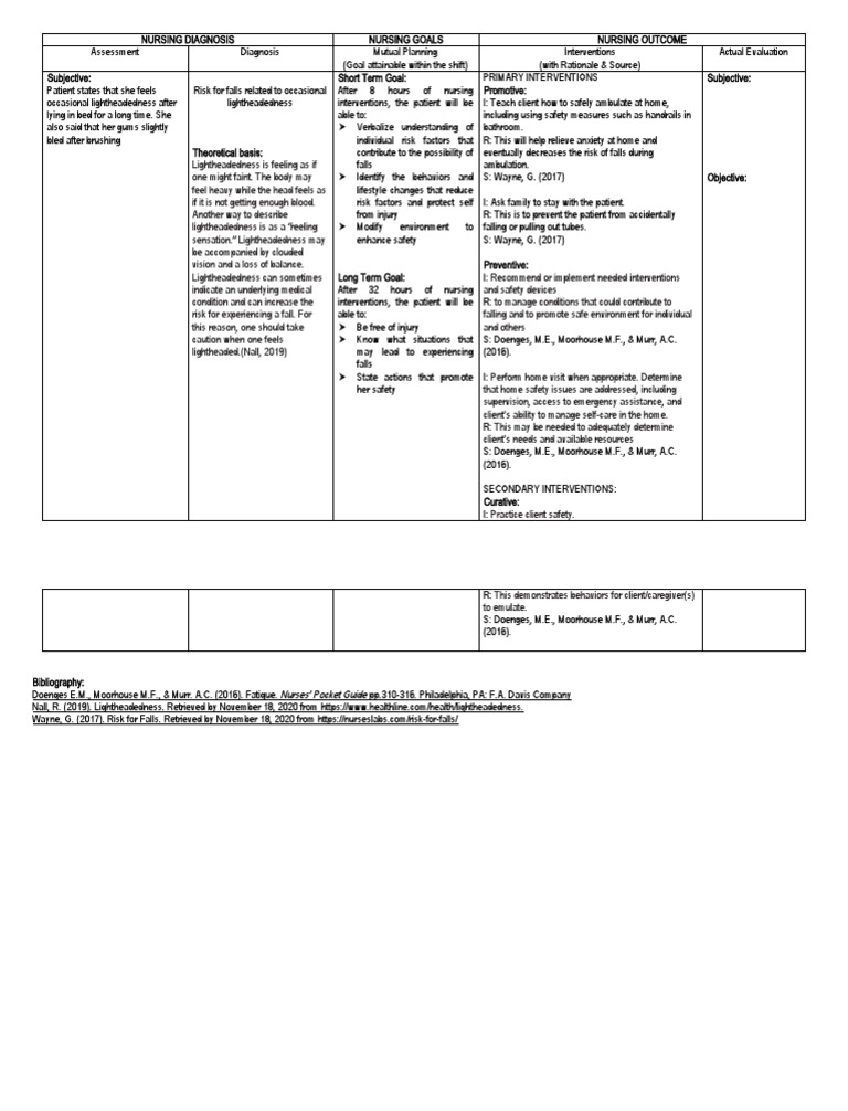 Nursing Care Plan - Risk For Falls (Antepartum) | PDF | Nursing | Risk