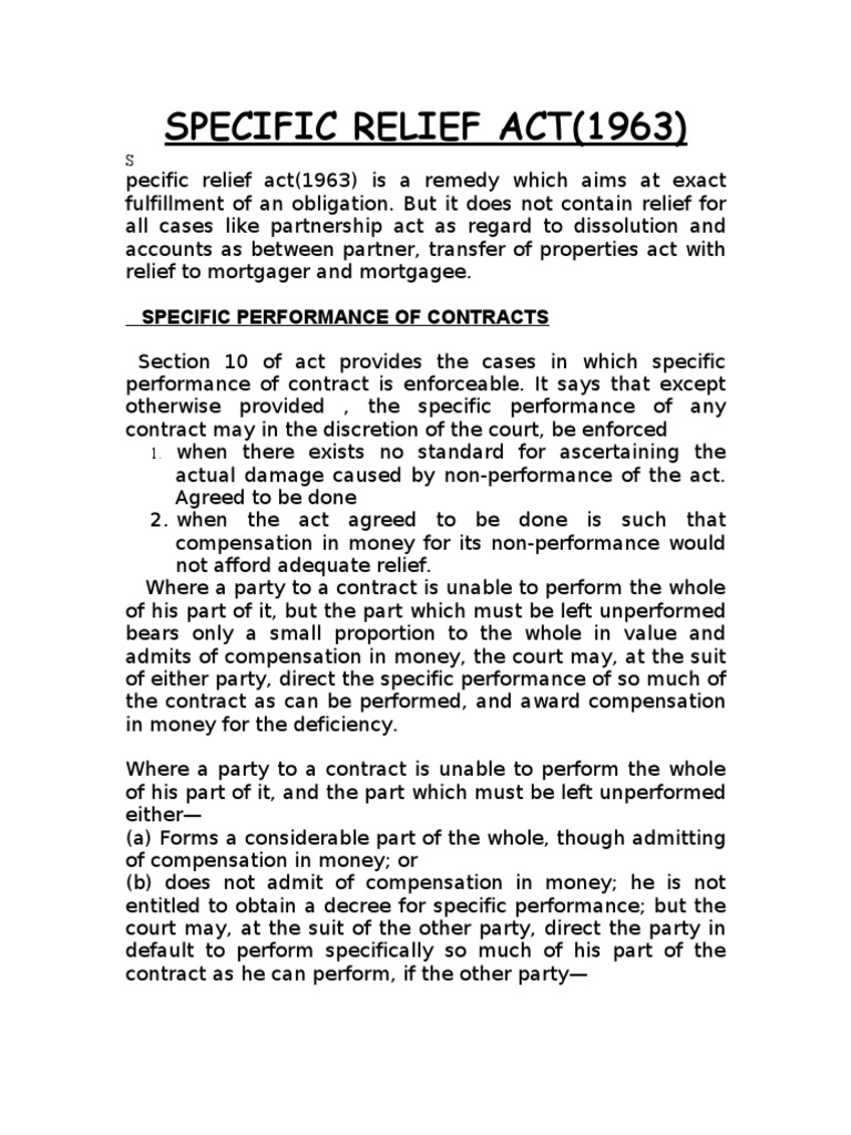 Specific Relief Act | PDF | Specific Performance | Injunction
