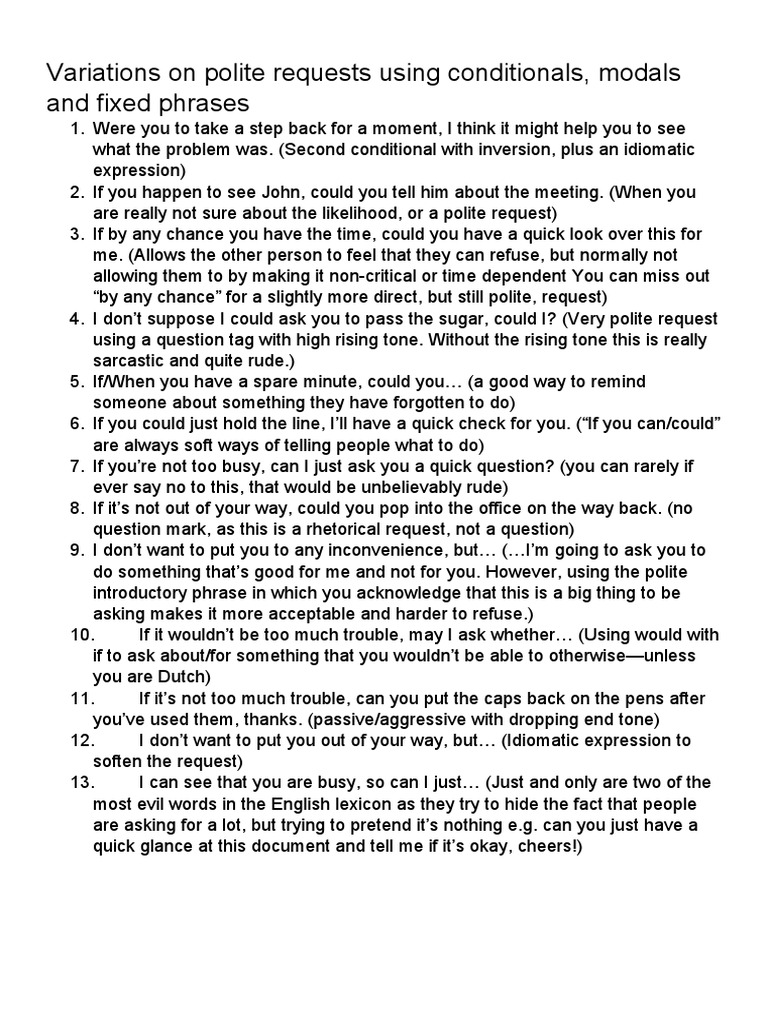 Variations On Polite Requests Using Conditionals, Modals and Fixed Phrases | PDF | Grammar ...