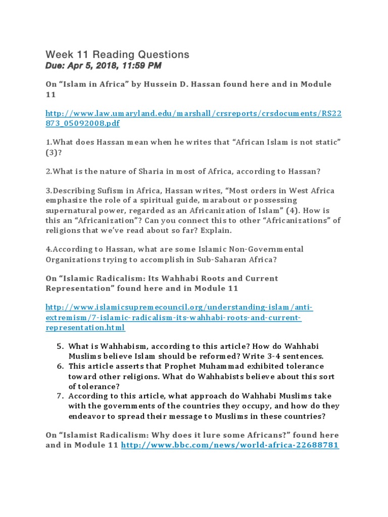 Week 11: Islam in Africa Reading Guide | PDF