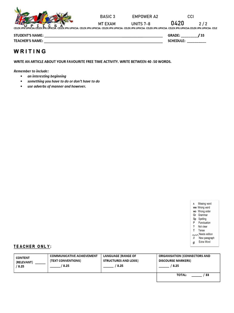 Writing: Basic 3 Empower A2 Cci MT Exam Units 7-8 2 / 2 | PDF