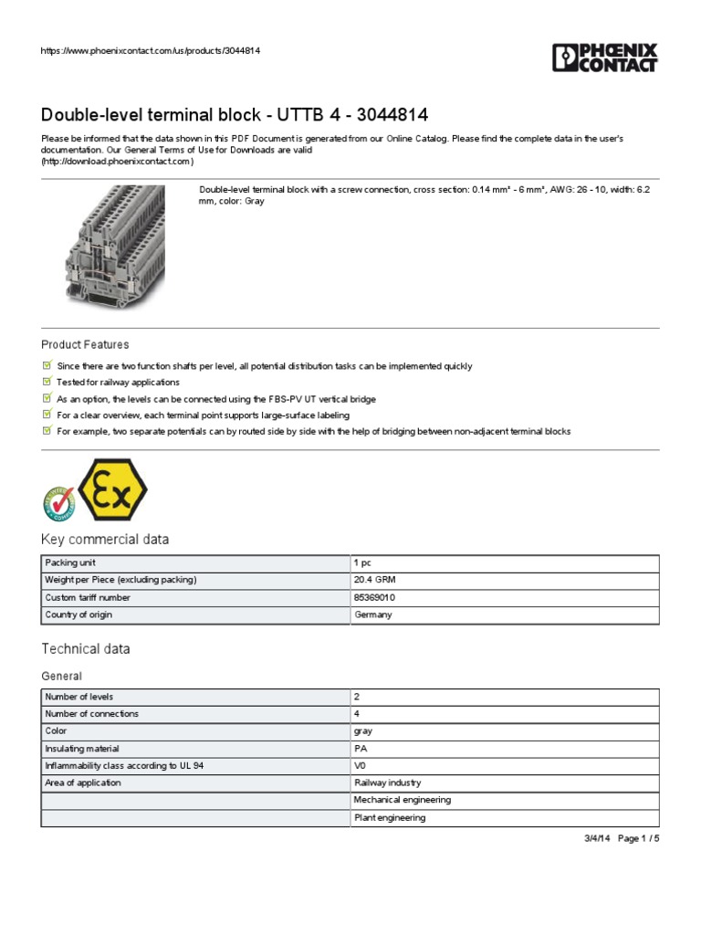 Double-Level Terminal Block - UTTB 4 - 3044814: Key Commercial Data ...