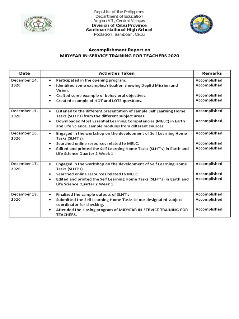 Accomplishment Report On Midyear In-Service Training For Teachers 2020 ...