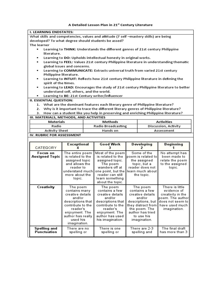 Detailed Lesson Plan - 21st Century Literature | PDF | Genre | Lesson Plan