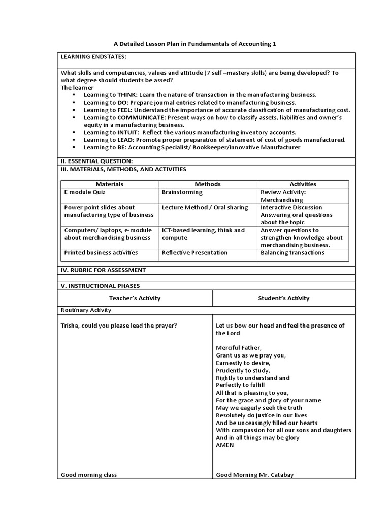 Detailed Lesson Plan - Fundamentals of Accounting 1.1 | PDF | Inventory ...