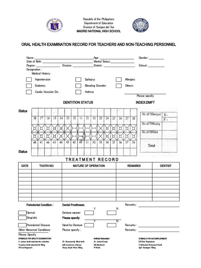 Oral Health Examination Record For Teachers and Non-Teaching Personnel ...