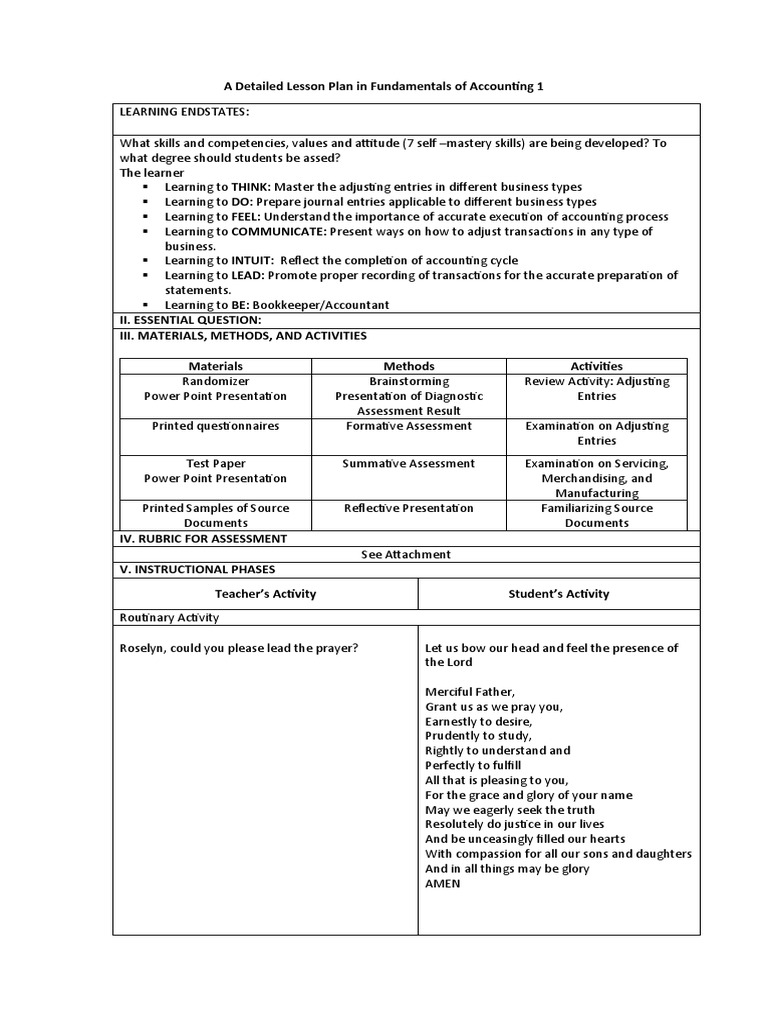 Detailed Lesson Plan - Fundamentals of Accounting 1.2 | PDF ...
