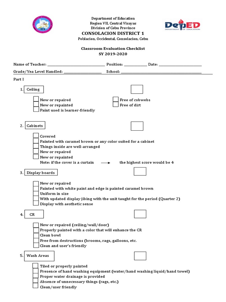 Consolacion District 1: Classroom Evaluation Checklist SY 2019-2020 ...