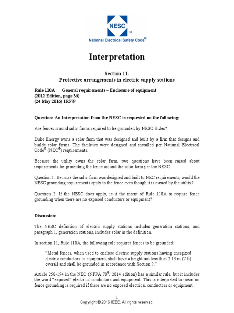 Nesc Fence Enclosing Solar Farm Grounding Interpertation Pdf