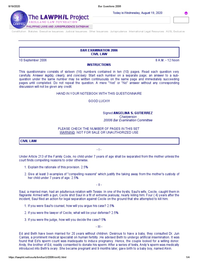 2006 Bar Exam Civil Law Questions | PDF | Intestacy | Marriage